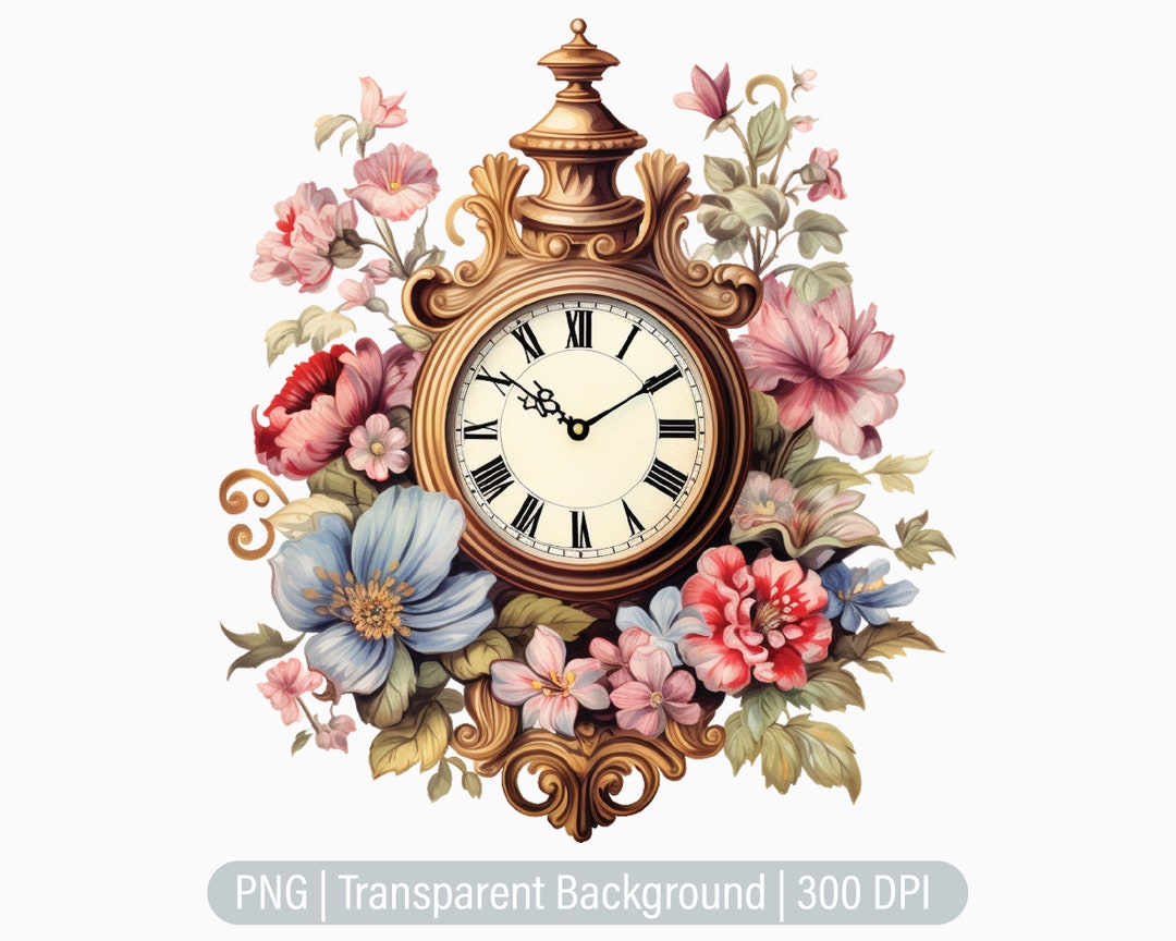 Floral Clock Clipart, Vintage Clock PNG, Antique Clock, Junk Journals ...