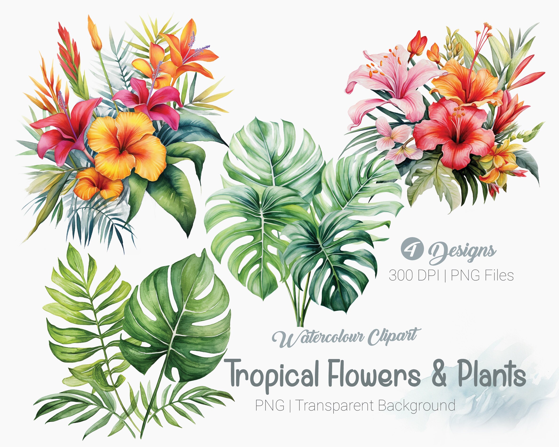 Watercolor Tropical Flowers and Plants Palm Leaves Jungle - Etsy