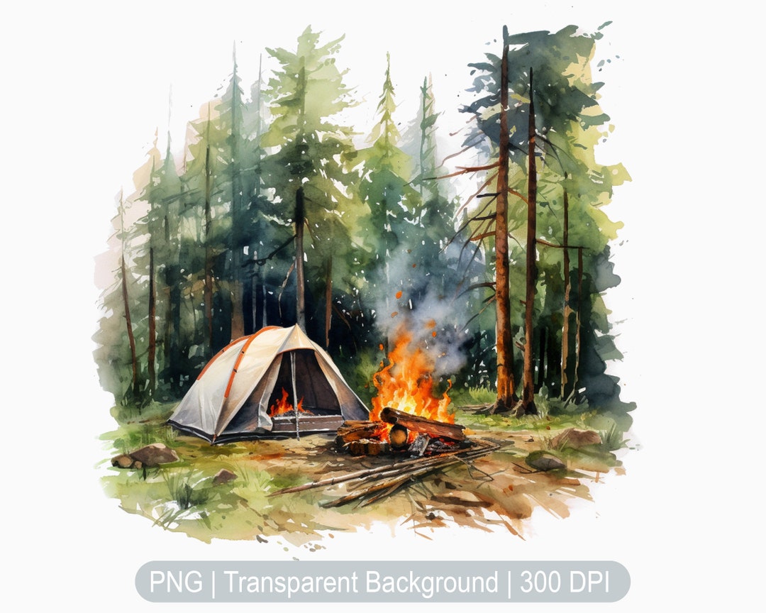 Watercolor Outdoor Camping Clipart, Bonfire, Tent, Nature Hiking ...