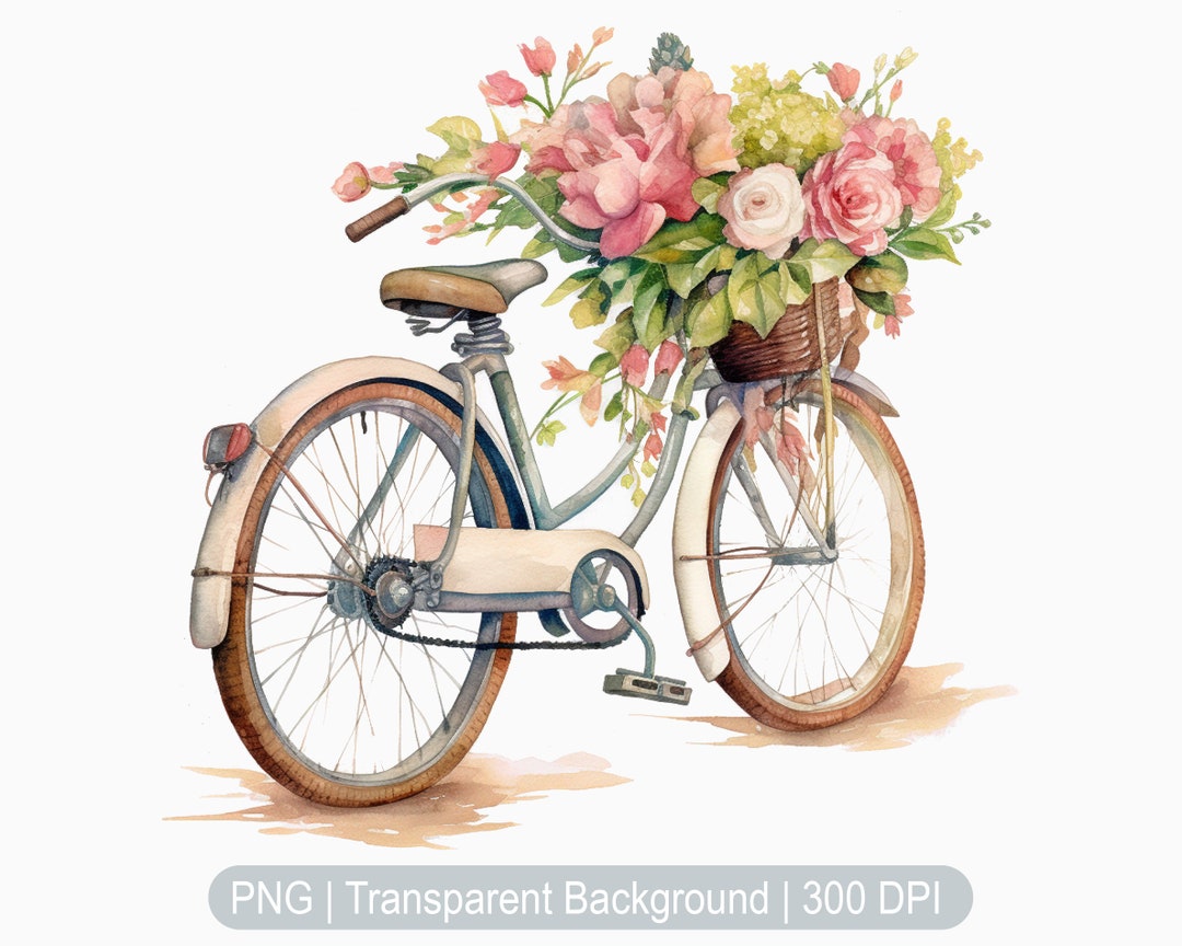 Floral Bicycle Clipart, Vintage Watercolor Bicycle, Spring Flowers ...