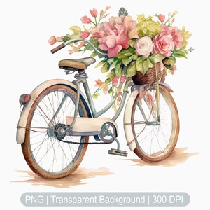 Floral Bicycle Clipart, Vintage Watercolor Bicycle, Spring Flowers ...