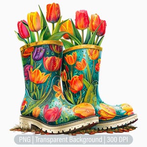 Floral Garden Boots Clipart, Spring Flowers PNG, Tulip Flowers, Junk ...