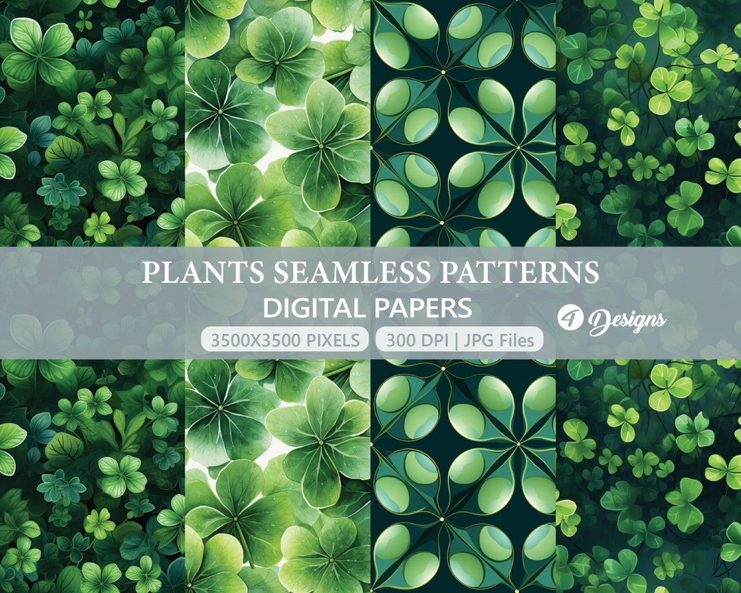 Plants Digital Paper, Clover Seamless Pattern, Green Plants Pattern ...