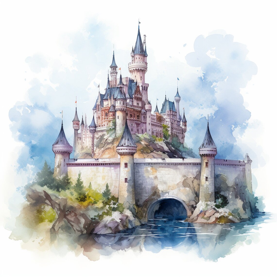 Watercolor Castle Clipart Fairy Tale Princess Castle - Etsy
