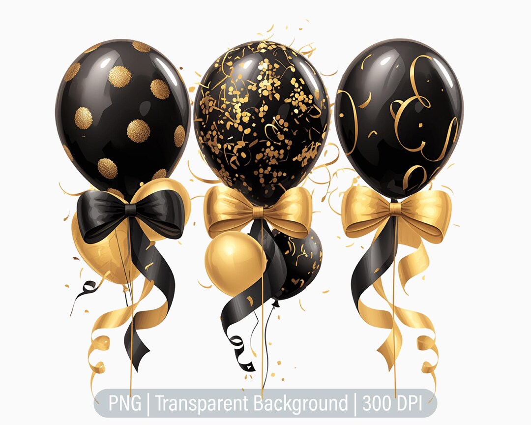 Black & Gold Balloons Clipart, Birthday PNG, Celebration Balloons, Junk ...