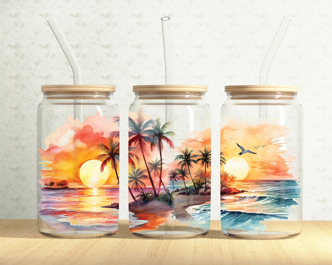 Tropical Sunset Can Wrap, Beach 16oz Glass Can, Palm Trees 16oz Libbey ...