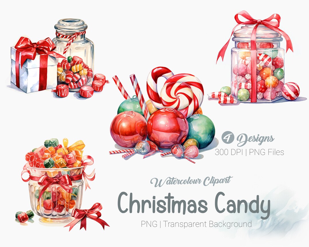 Christmas Candy Clipart, Watercolour Holiday Candy Png, Gift Box, Candy ...