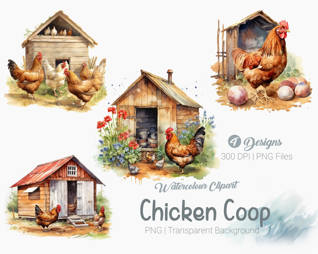 Watercolor Chicken Coop Clipart, Farm Animals Clip Art, Hen Clipart ...