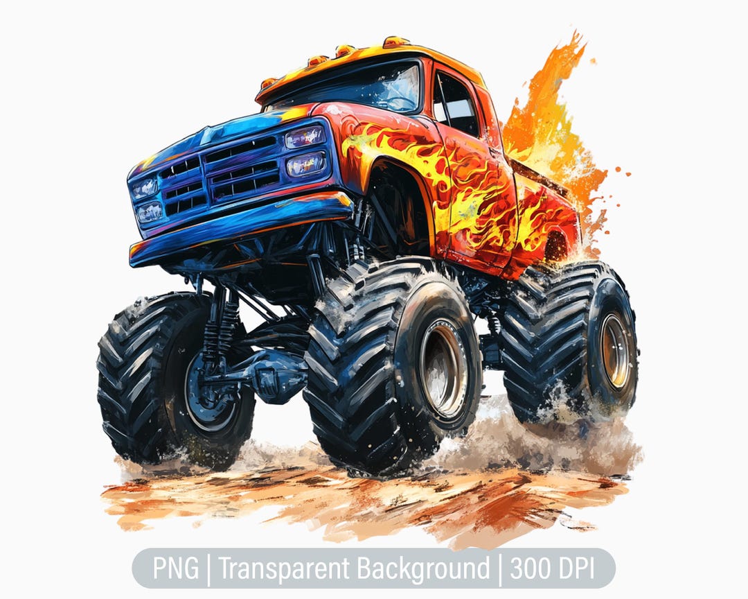 Monster Truck Fire Flames Clipart, Orange Truck, Extreme off Road, Junk ...