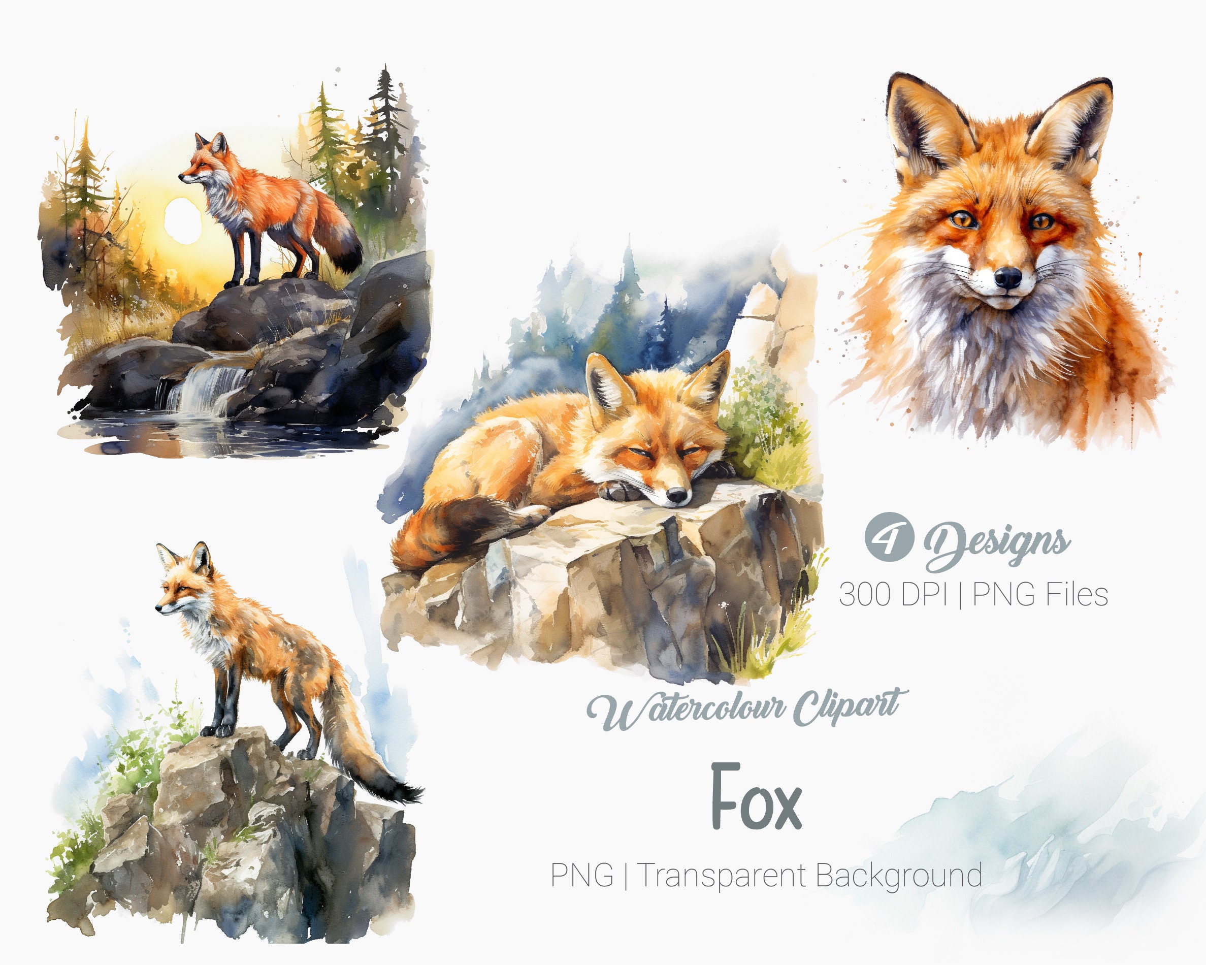Watercolor Fox Clipart Painted Foxes Clipart Woodland Animal - Etsy