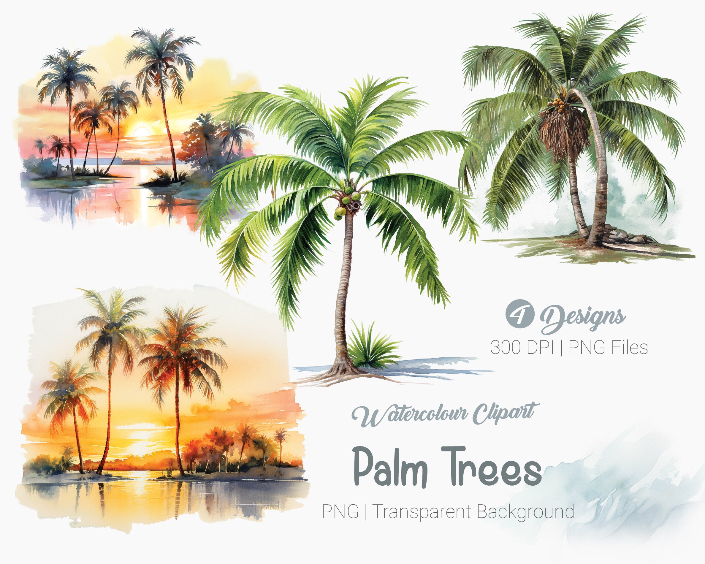 Watercolor Palm Trees Clipart Tropical Island PNG Tropical - Etsy