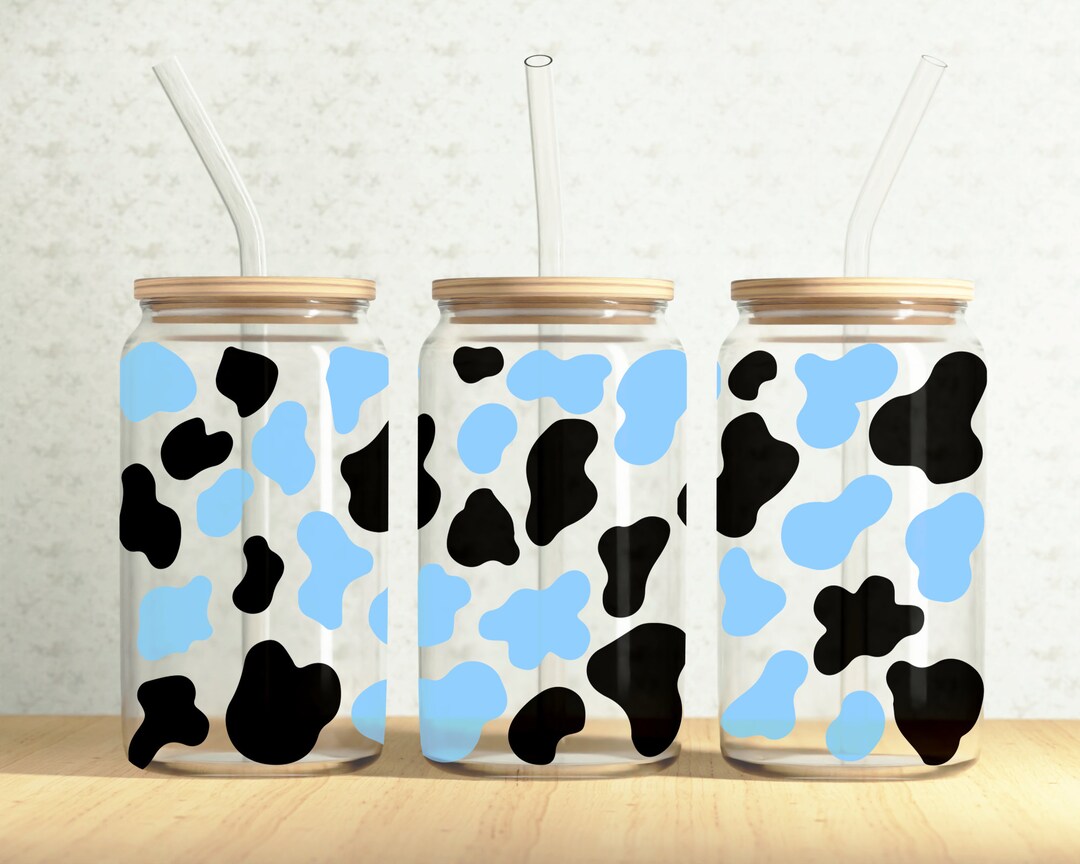 Blue Cow Print Can Wrap, Cow Pattern 16oz Glass Can, Animal Print 16oz ...