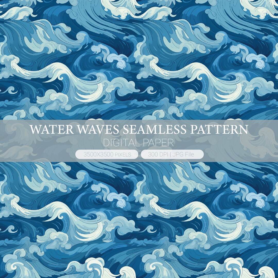 Water Waves Digital Paper, Japanese Waves Seamless Pattern, Ocean Wave ...