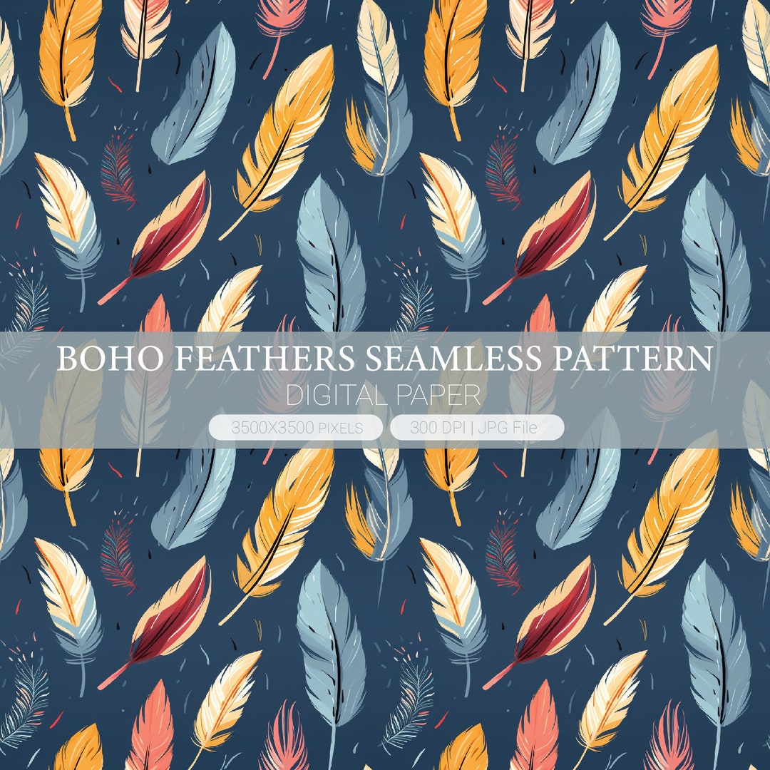 Feathers Digital Paper, Boho Feather Seamless Pattern, Backgrounds and ...