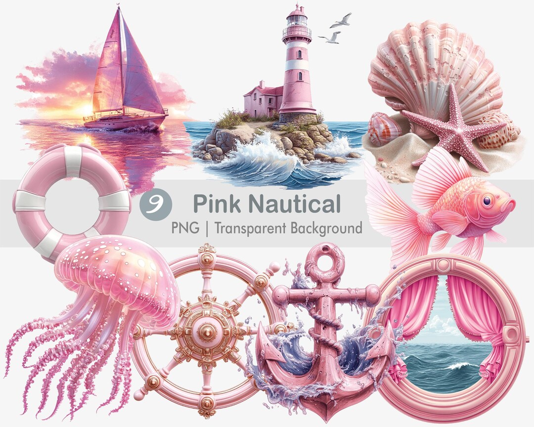 Pink Nautical Clipart, Pink Coastal Png, Pink Lighthouse PNG, Printable ...