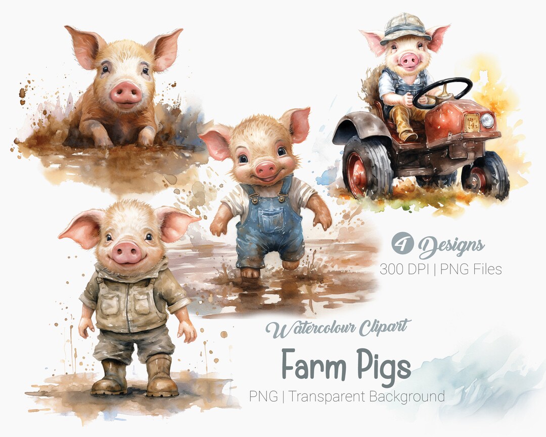 Farm Pigs Clipart, Watercolor Pig Clipart, Piglets Clip Art, Piggy Png ...