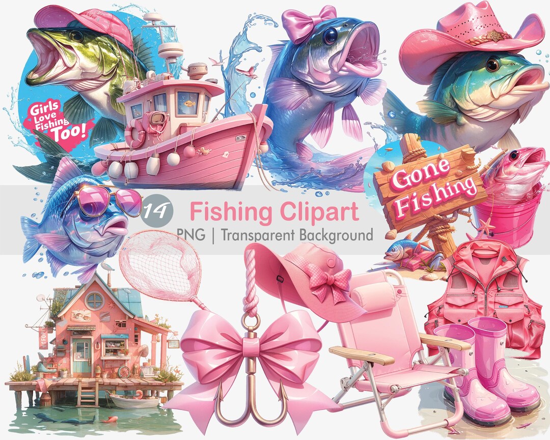 Pink Fishing Clipart, Pink Fishing Boat Png, Bass Fish, Reel Girl ...