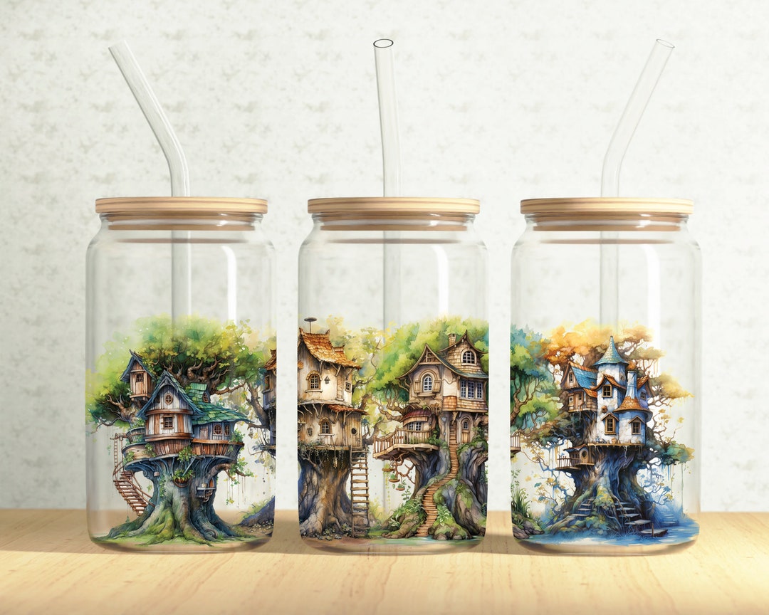 Fairy Treehouses Glass Can Wrap, Fairy House 16oz Glass Can, Fantasy ...