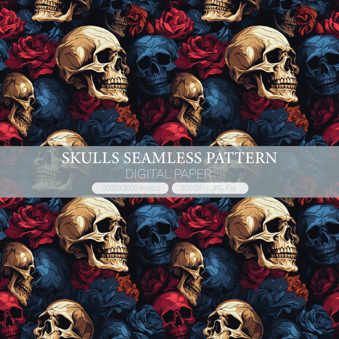 Skulls Digital Paper, Skull Seamless Pattern, Gold Skull, Floral ...