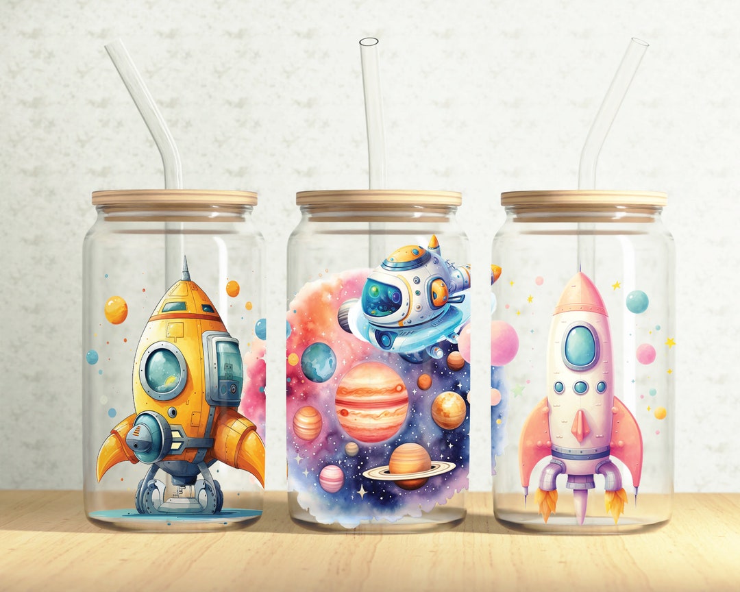 Rocket Ship Glass Can Wrap, Spaceship 16oz Glass Can, Space Planets ...