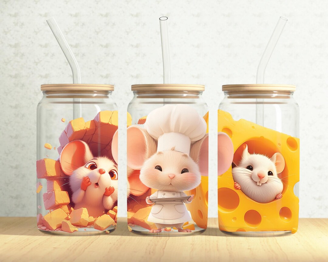 Cute Mice Can Wrap, Chef Mouse 16oz Glass Can, Cheese Mouse 16oz Libbey ...