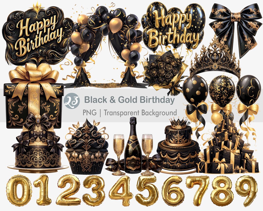 Black and Gold Birthday Clipart, Balloon Numbers, Printable Sublimation ...
