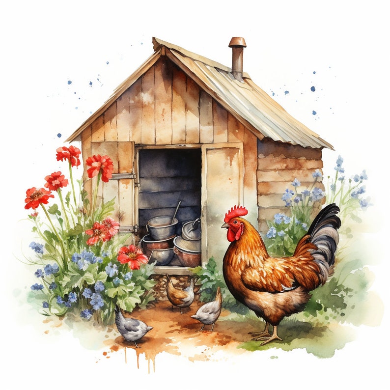 Watercolor Chicken Coop Clipart Farm Animals Clip Art Hen - Etsy