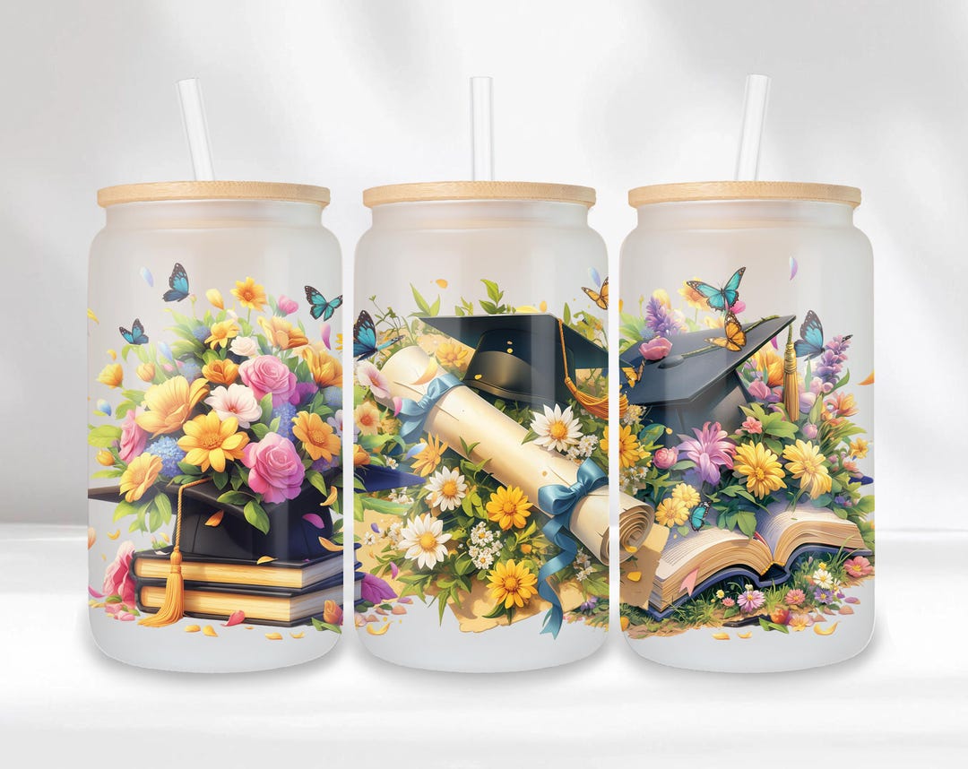 Graduation Hats Glass Can Wrap, Floral Graduation Hat 16oz Glass Can ...