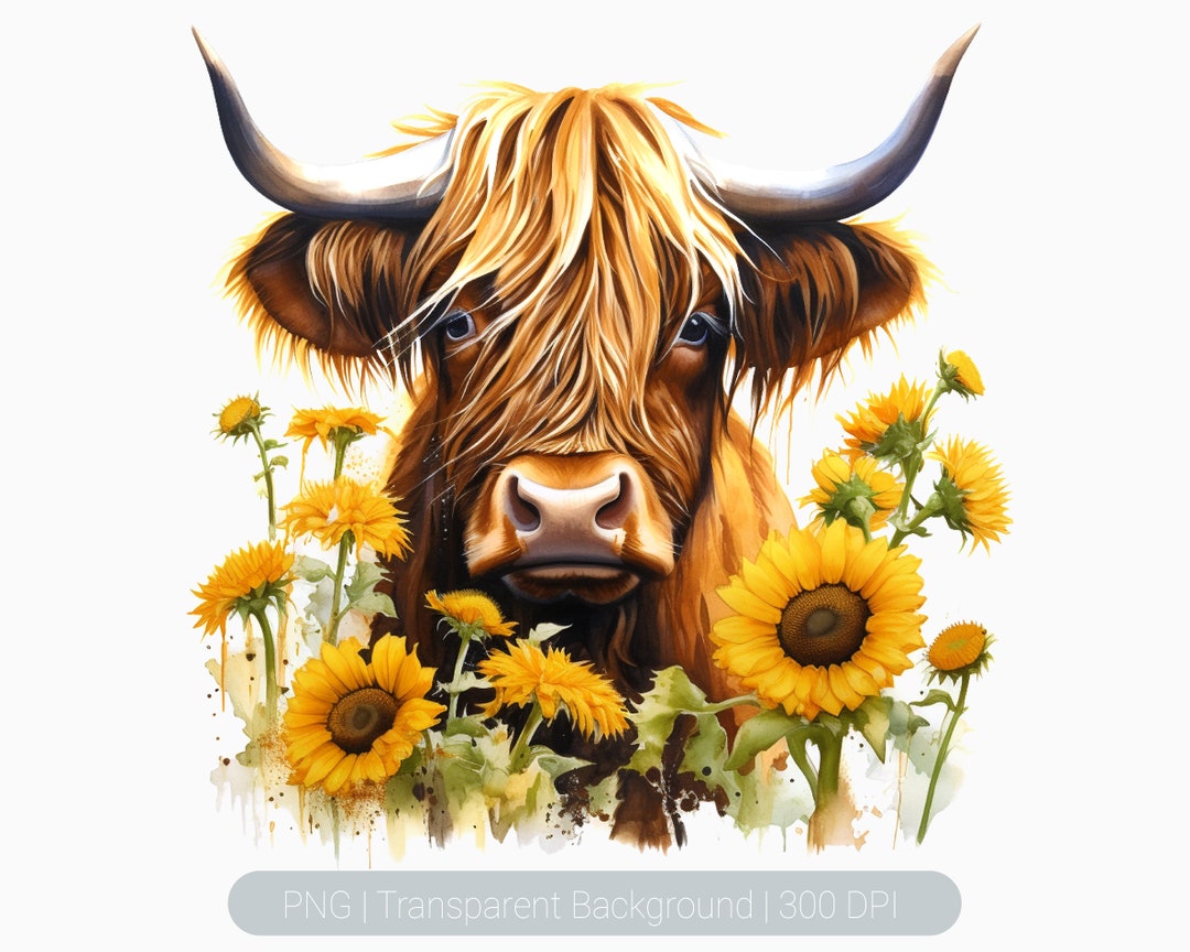 Watercolour Highland Cow Clipart, Floral Sunflower Cow Clipart ...