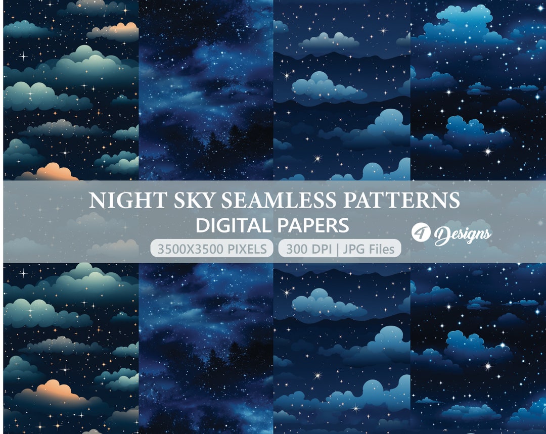 Night Sky Digital Paper, Star & Moon Sky Pattern, Starry Night ...
