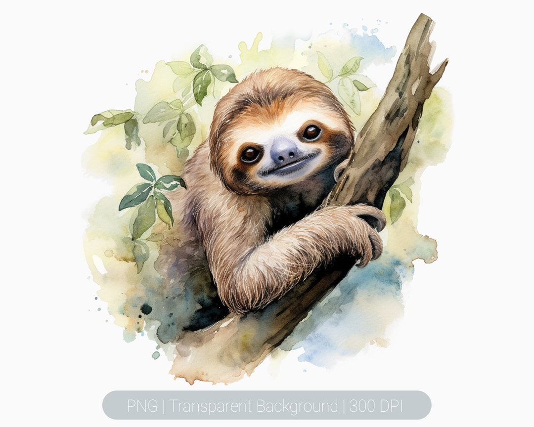 Watercolor Sloth Clipart, Cute Animal Clipart, Sloth on a Tree, Nursery ...