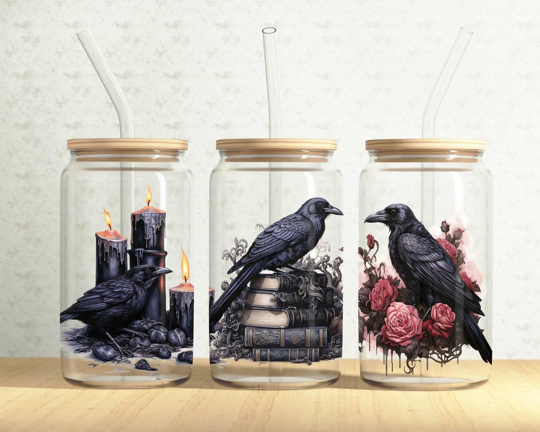 Raven Glass Can Wrap, Gothic Raven 16oz Glass Can, Black Bird 16oz ...