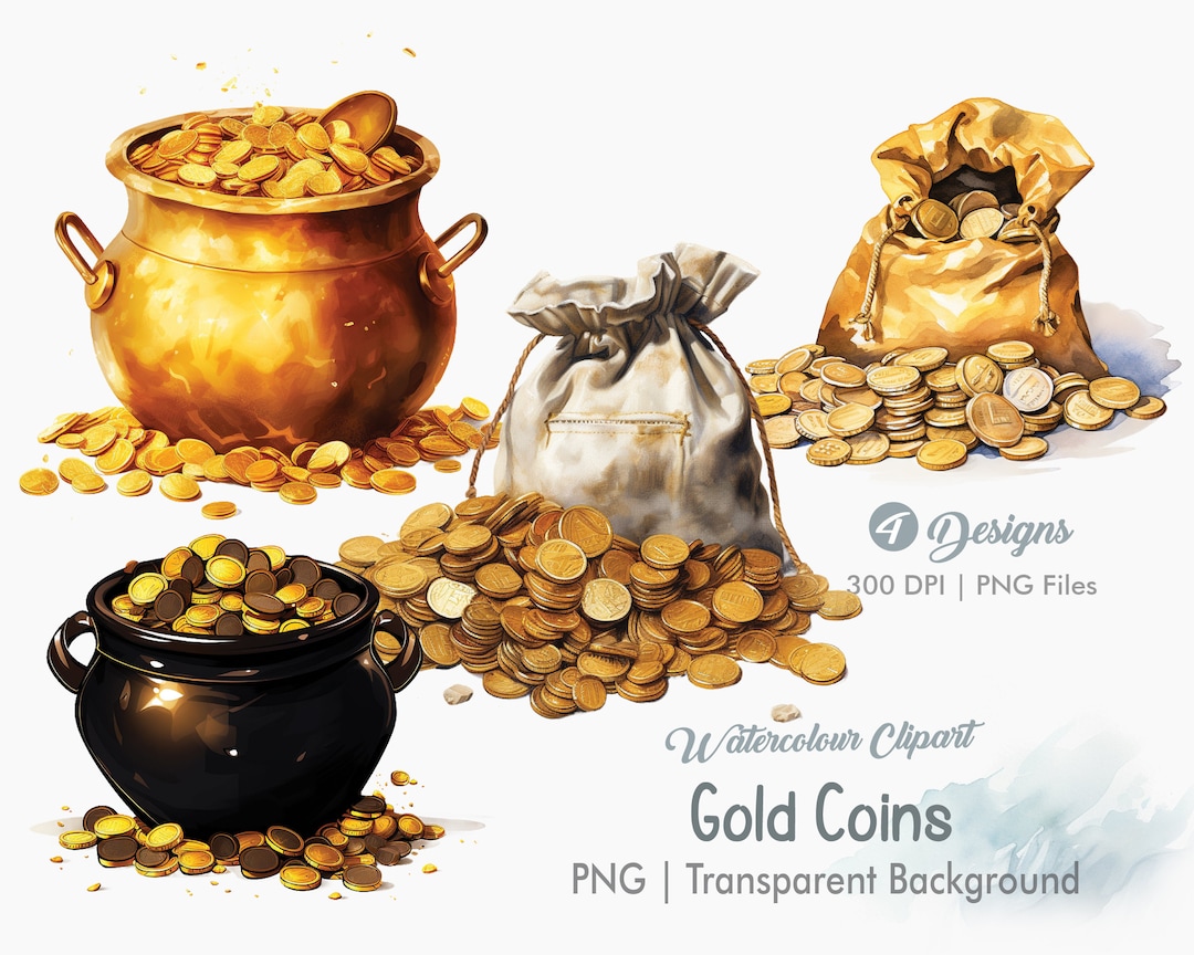 Gold Coins Clipart, Gold Coin Pot, Coin Pouch PNG, Junk Journals ...
