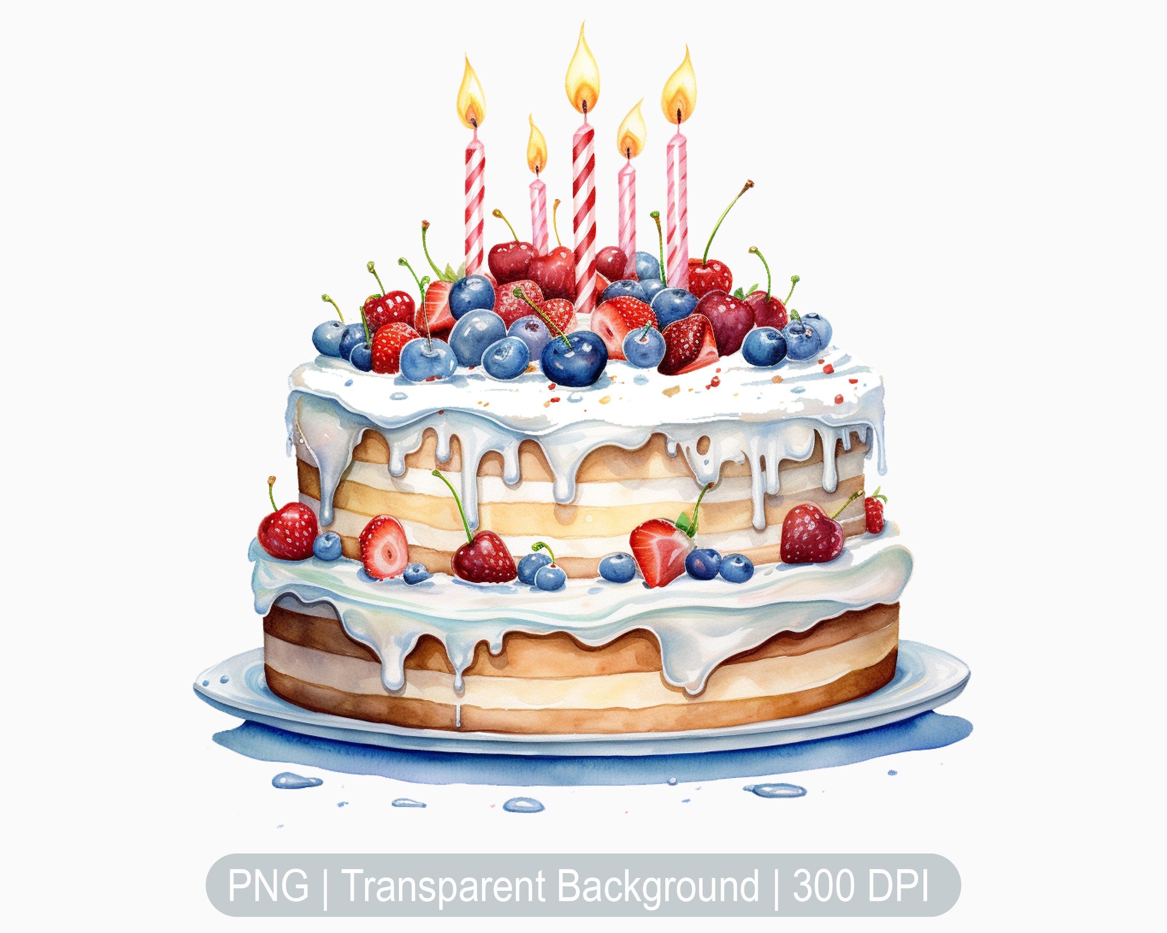 Watercolor Birthday Cake Clipart, Dessert Clipart, Candle Cake Clipart ...