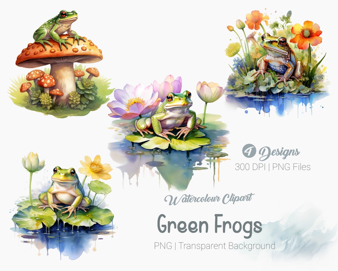 Watercolor Green Frogs Clipart, Cute Frog Floral Clip Art Png, Lily ...