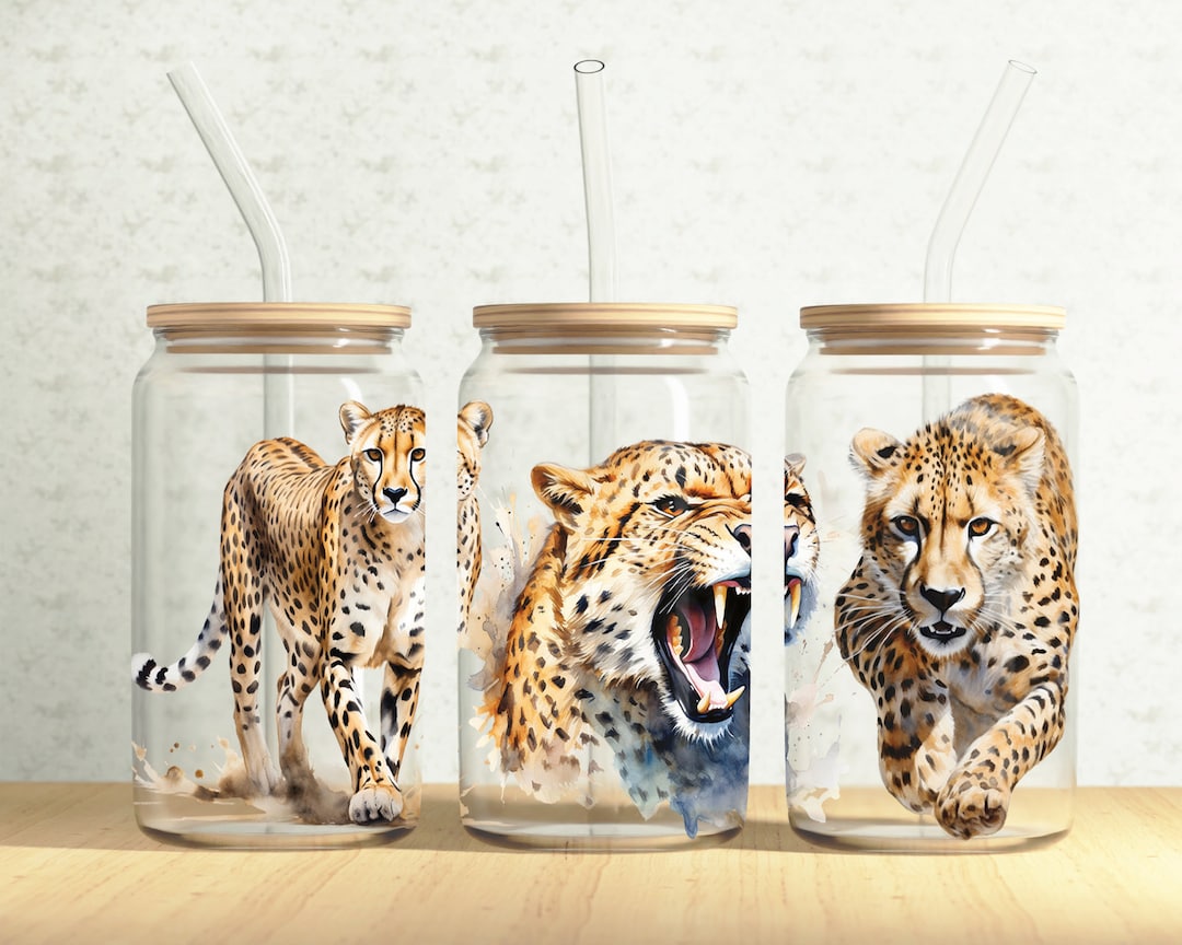 Cheetah Glass Can Wrap, Running Cheetah 16oz Glass Can, Cheetah 16oz ...
