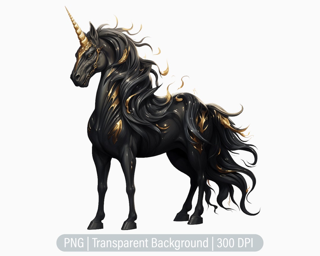 Black Unicorn Clipart, Gothic Unicorn Clipart, Gold Horn, Junk Journals ...