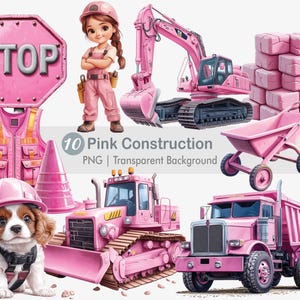 Pink Construction Clipart, Girl Construction PNG, Pink Construction Vehicles, Printable ...