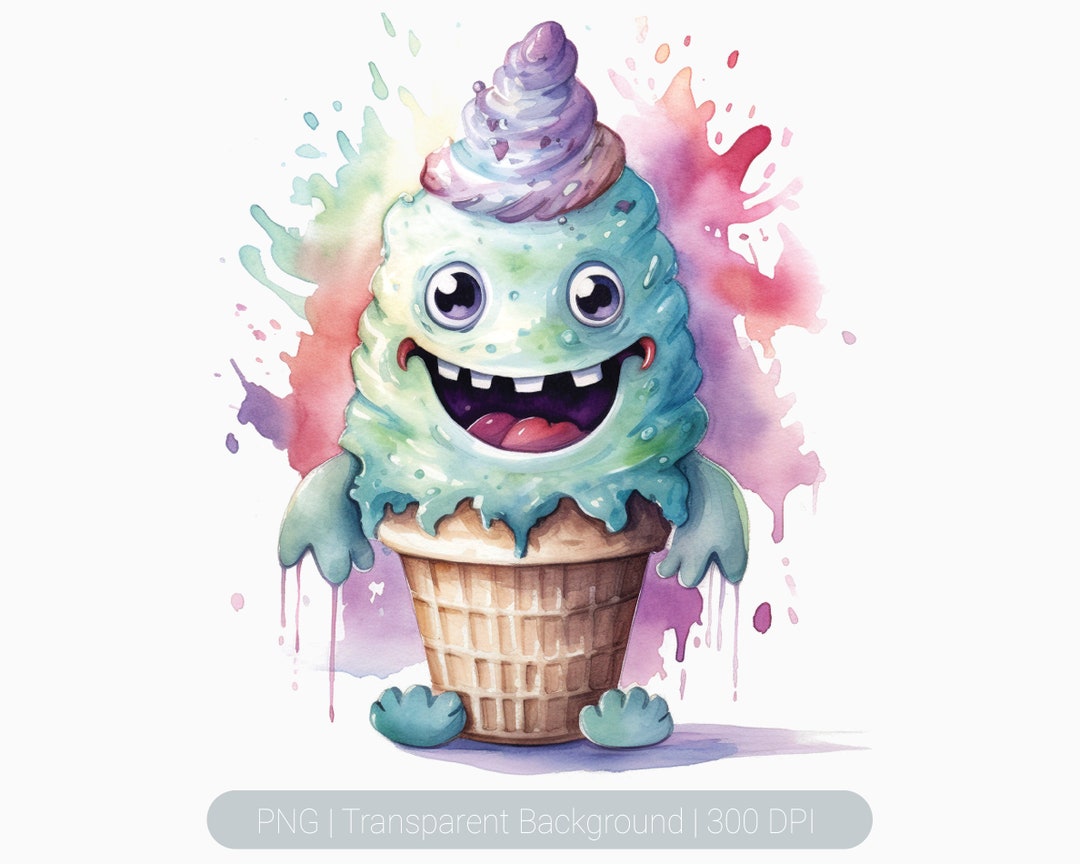 Watercolor Ice Cream Monster Clipart, Ice Cream Clipart, Png, Printable ...