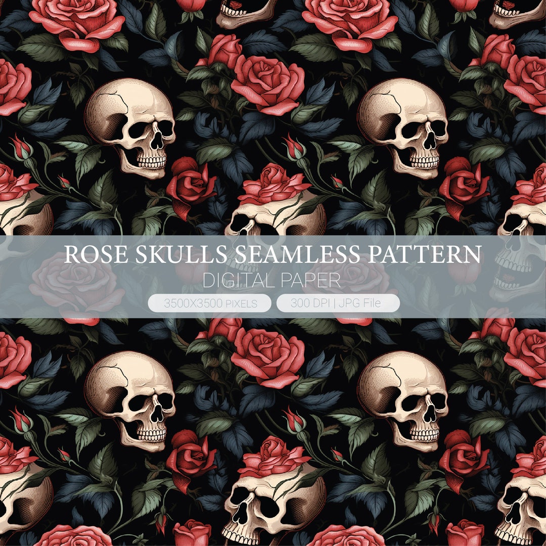 Gothic Skull and Roses Digital Paper, Rose Skull Seamless Pattern ...