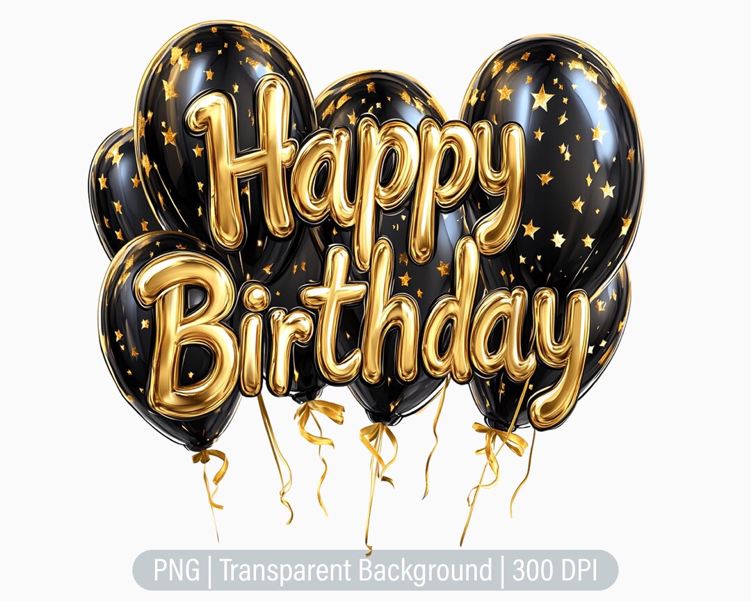Black & Gold Happy Birthday Balloons Clipart, Party Celebration PNG ...