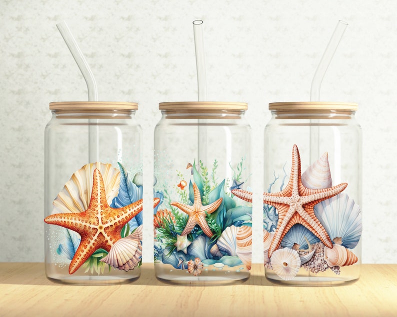 Starfish Glass Can Wrap, Beach Starfish 16oz Glass Can, Seashells 16oz ...
