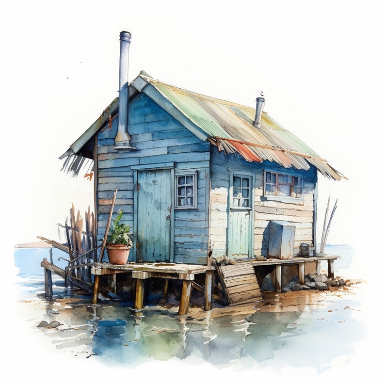 Fisherman's Shack Clipart Watercolour Fishing House - Etsy
