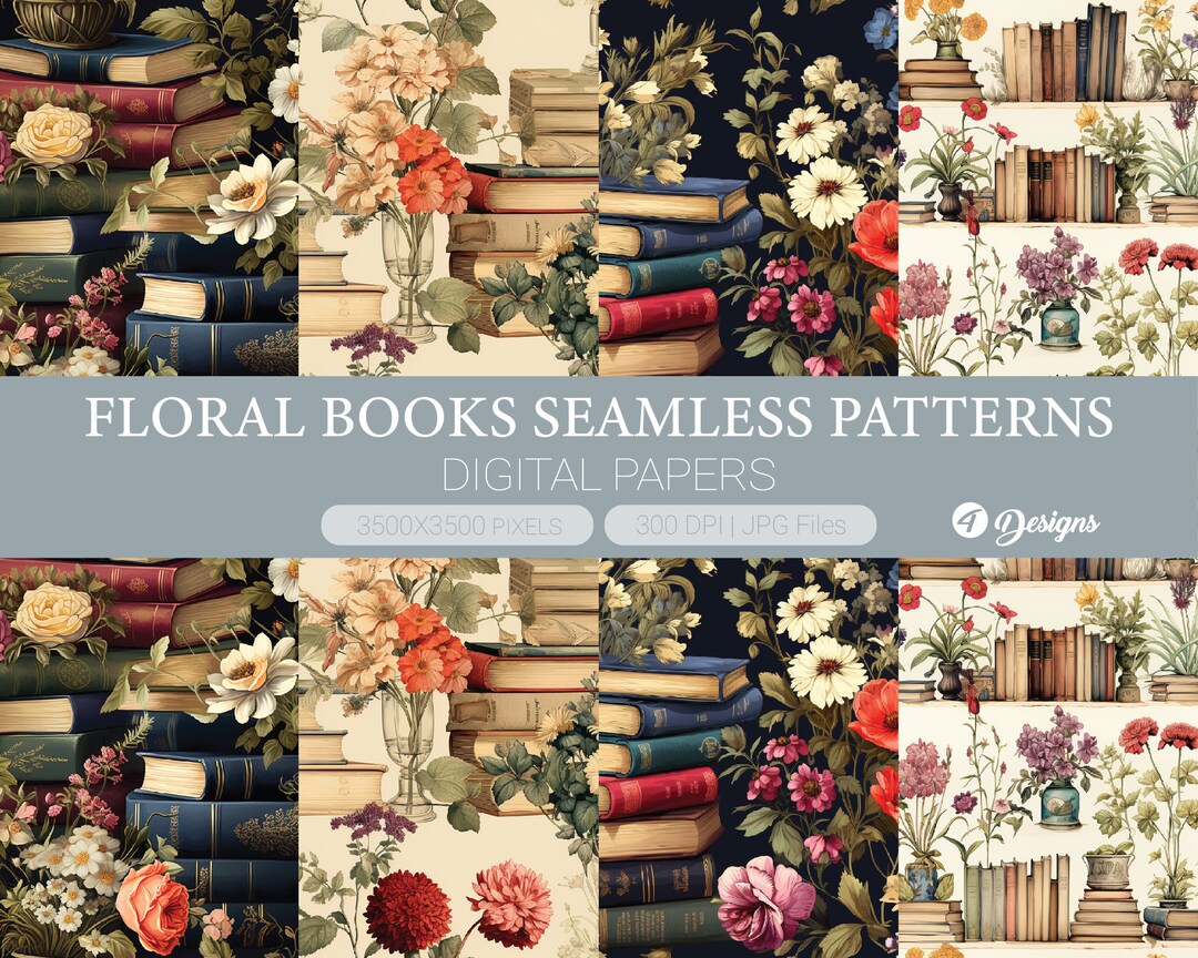Floral Books Digital Paper, Flowers and Books Seamless Pattern ...