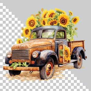 Watercolor Sunflower Truck Clipart, Fall Sunflowers Floral Bouquets ...