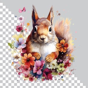 Watercolor Squirrel Clipart, Cute Animal Clipart, Floral Squirrel ...