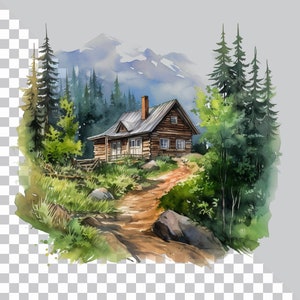 Watercolor Cabin Clipart, Stream Cabin, Wooden Cabin, Rustic Cabin ...