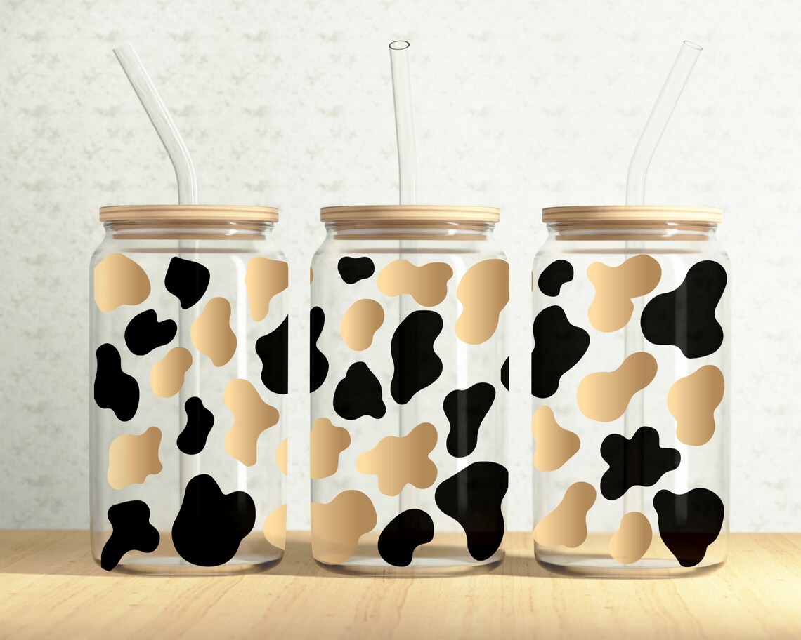 Gold Cow Print Can Wrap, Cow Pattern 16oz Glass Can, Animal Print 16oz ...