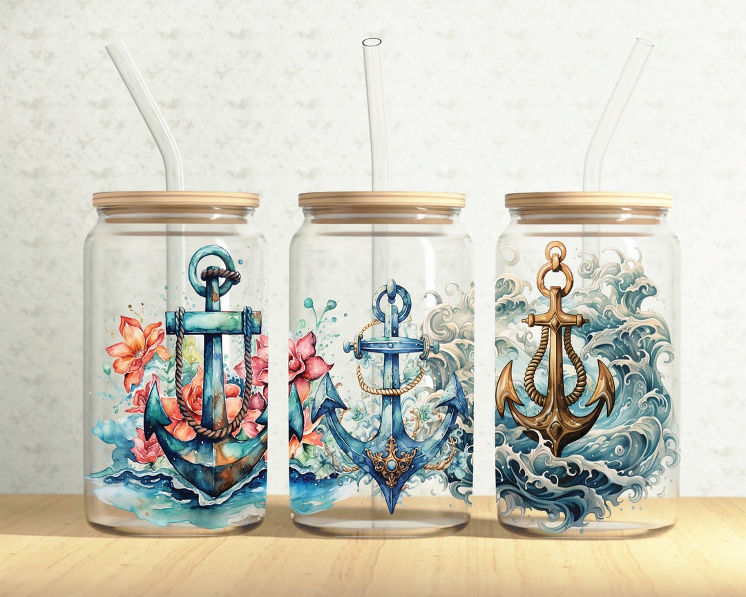 Anchor Glass Can Wrap, Floral Anchor 16oz Glass Can, Nautical 16oz ...
