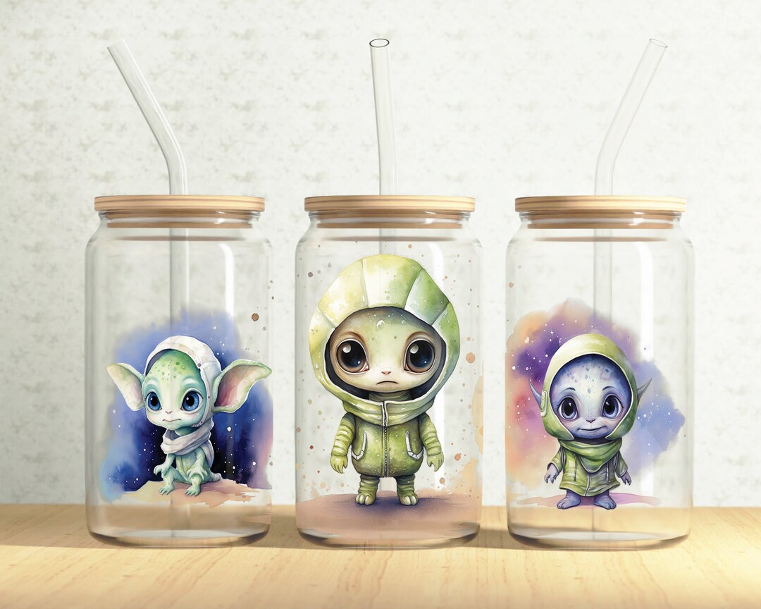 Baby Aliens Glass Can Wrap, Cute Alien 16oz Glass Can, Space Alien 16oz ...